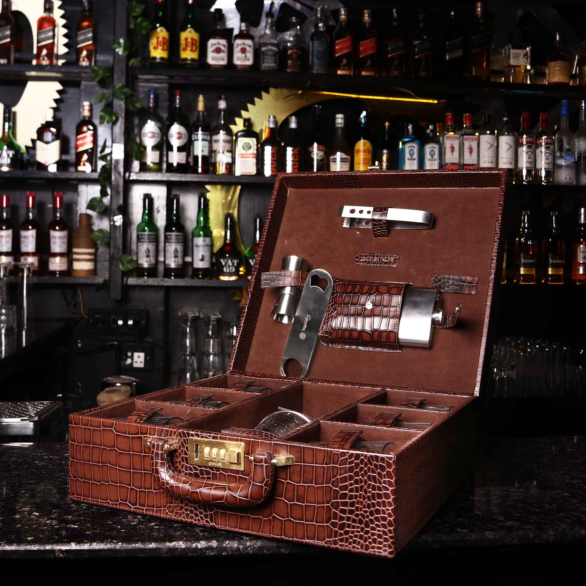 Briefcase Portable Cocktail Bar Box | Premium Brown Leather Portable ...