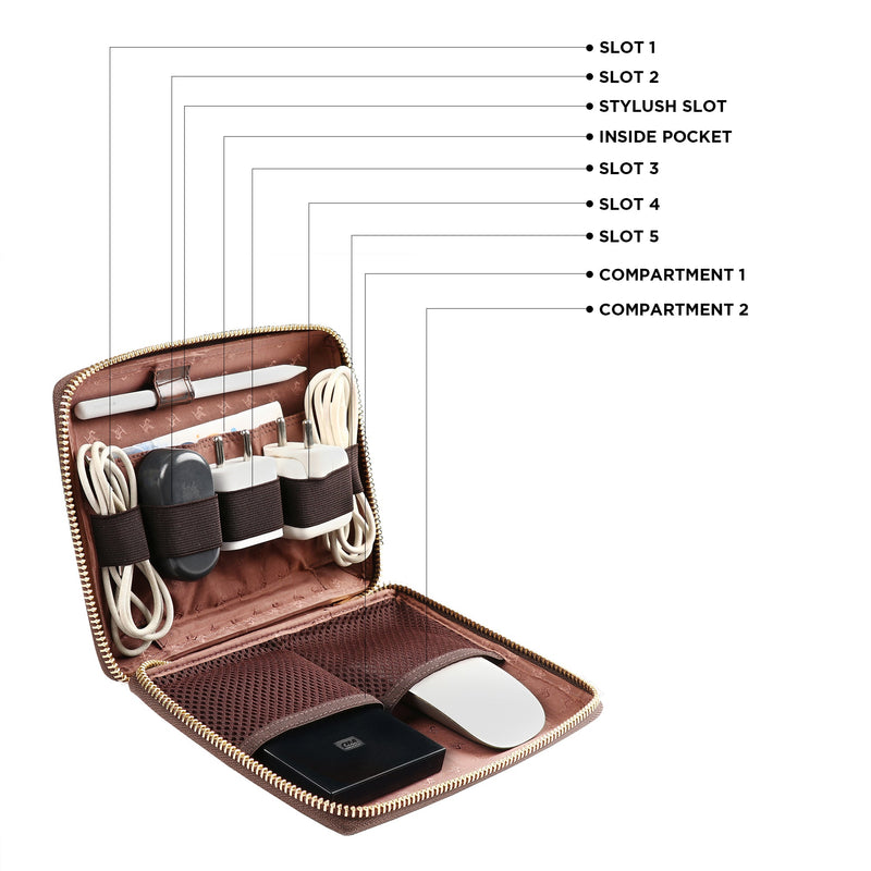 Premium Leather Tech Organizer | Electronic Cable Storage Case
