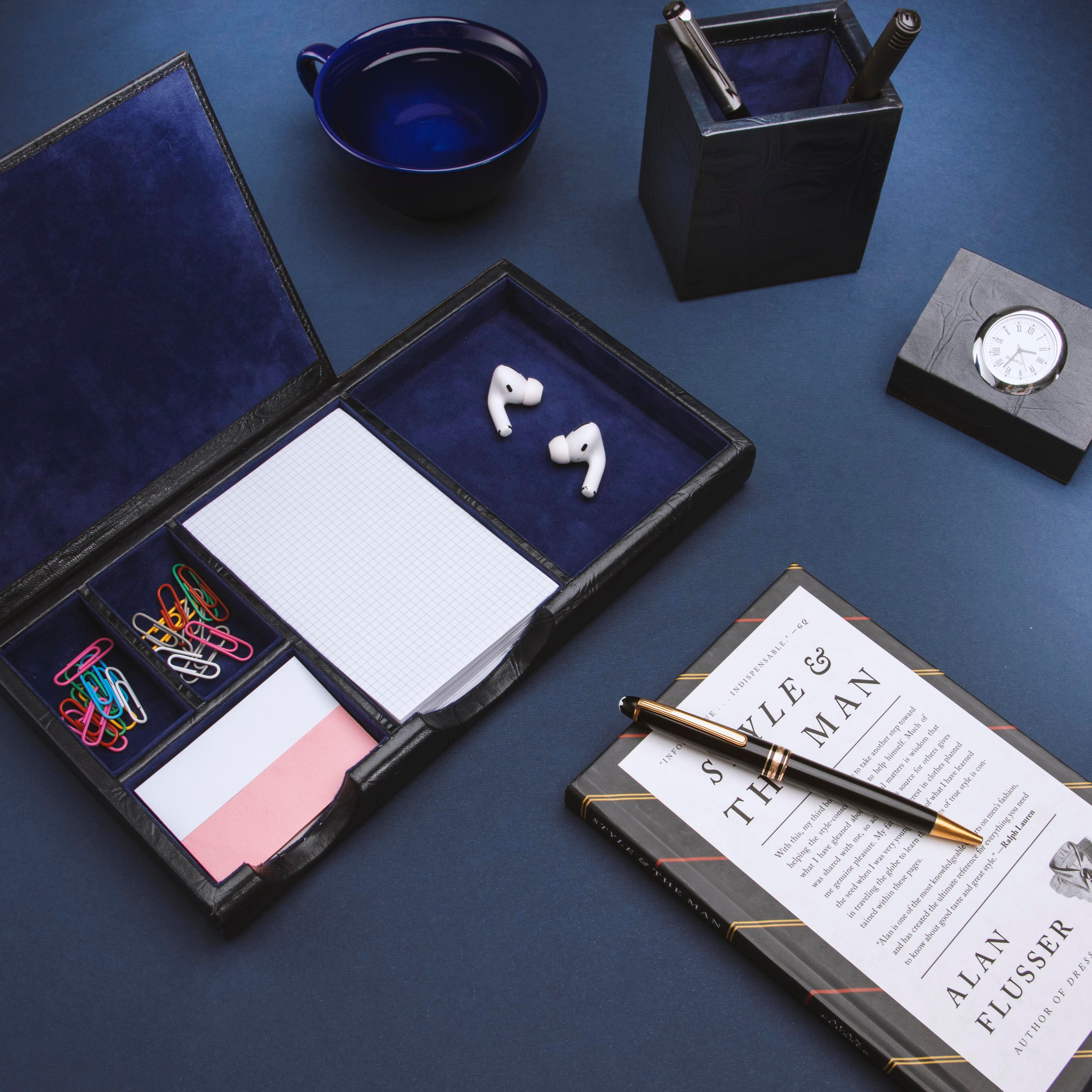 Blue Leather Desktop Accessory Accessories | Office Desk Organizer ...