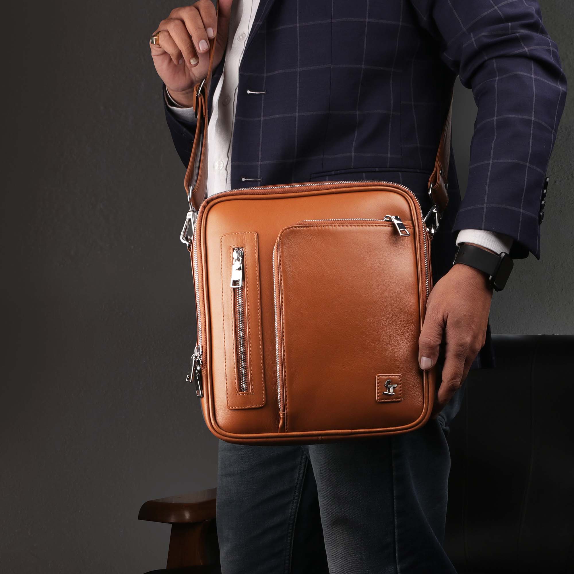 Leather Side Bag For Men | Tan | Lifetime Warranty